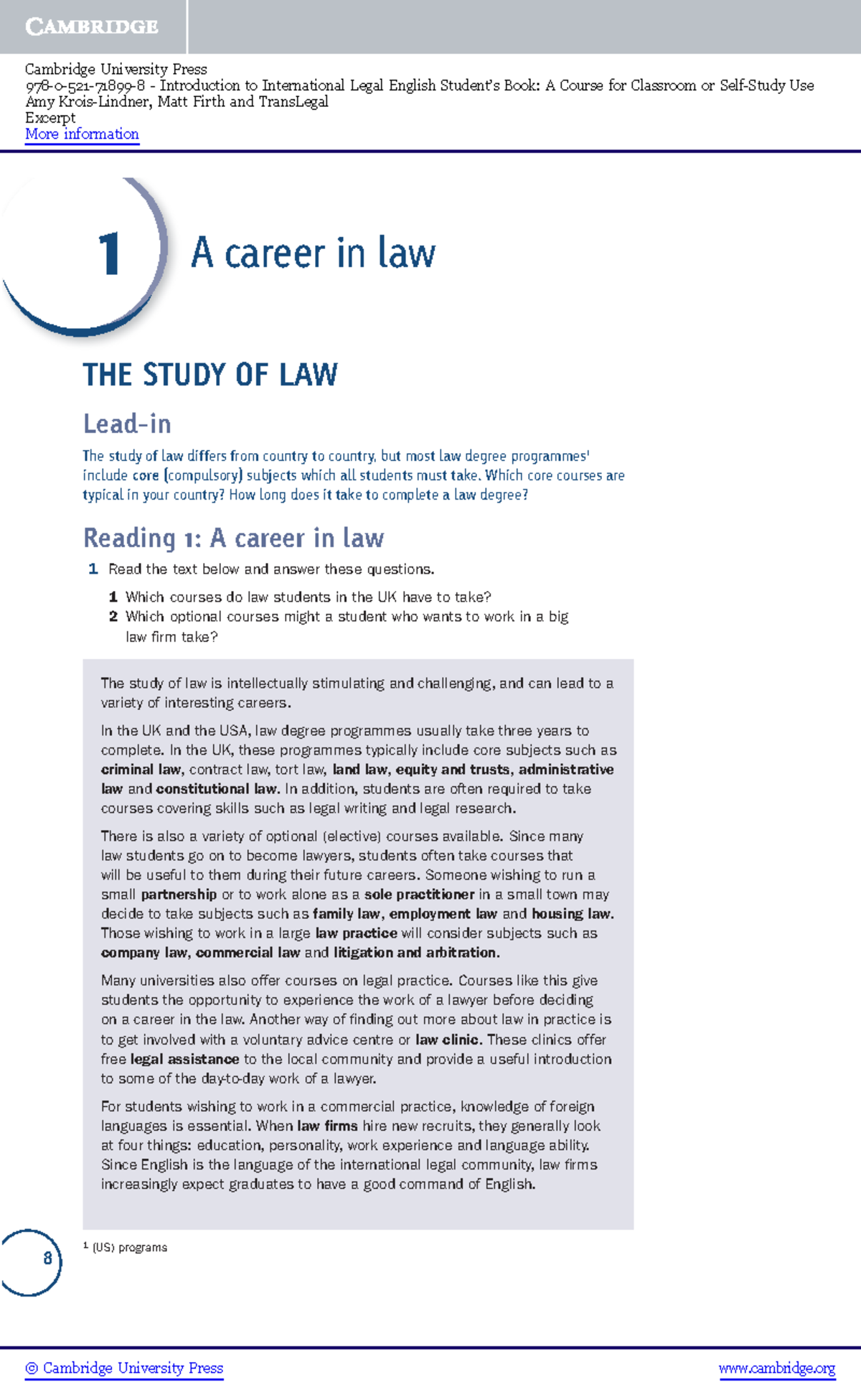 ILEC A career in law - 1 8 THE STUDY OF LAW Lead-in The study of law ...