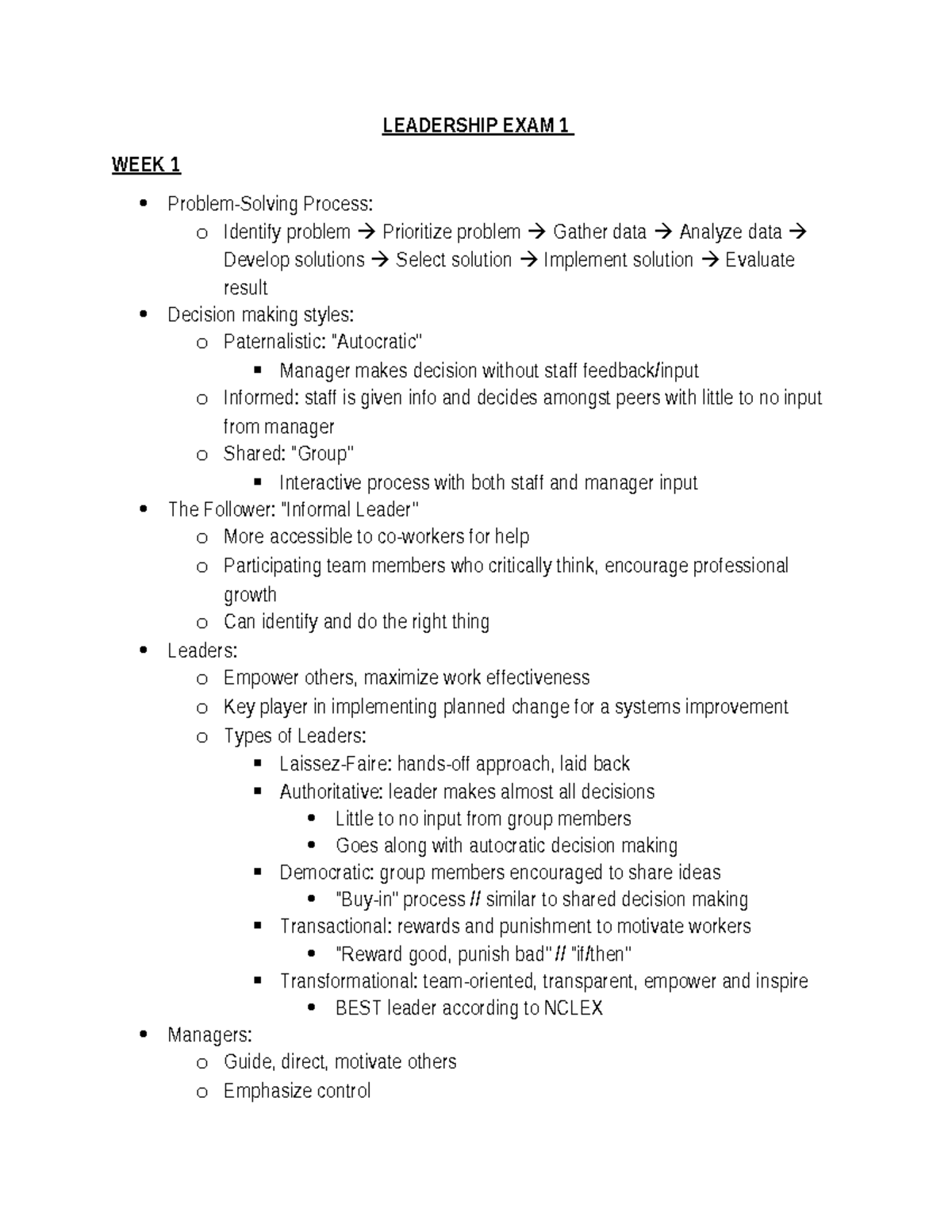 Leadership EXAM 1 - Comprehensive Study Notes and Key Concepts - Studocu