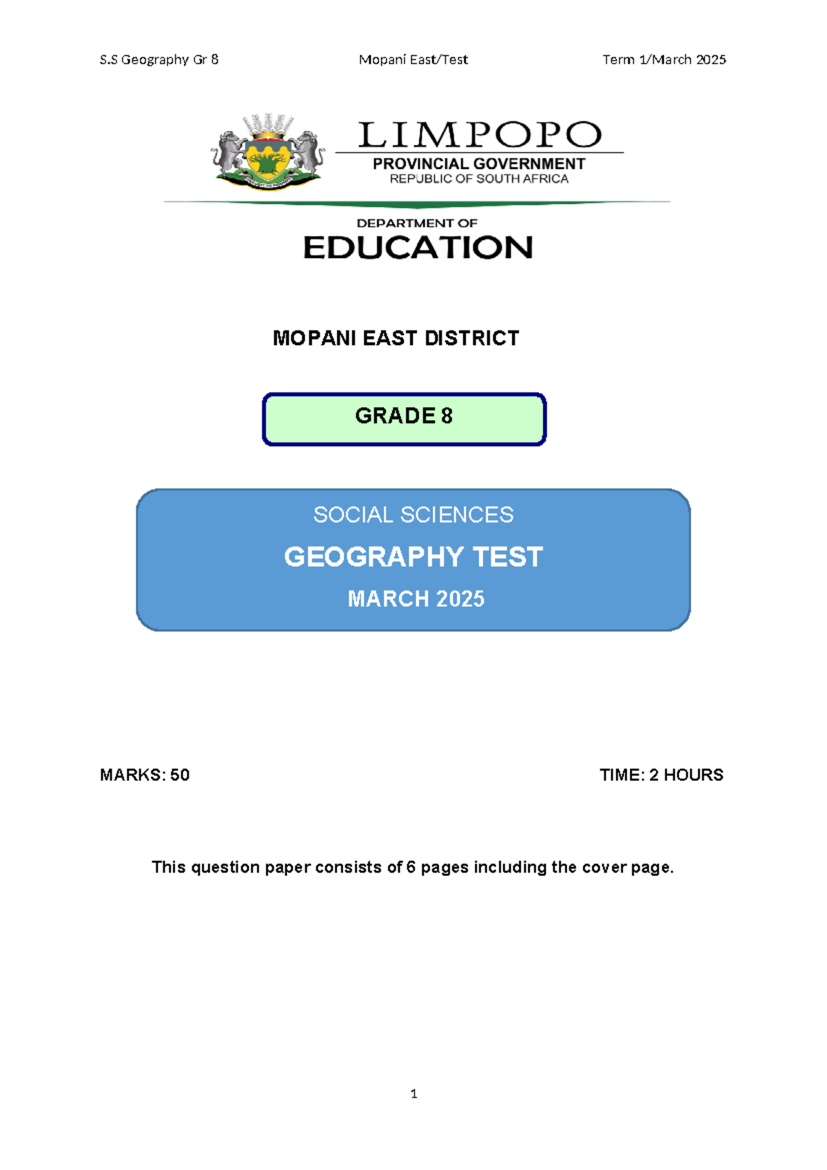 Grade 8 SS Geography Test - Term 1 2025 Final Exam Paper - Studocu