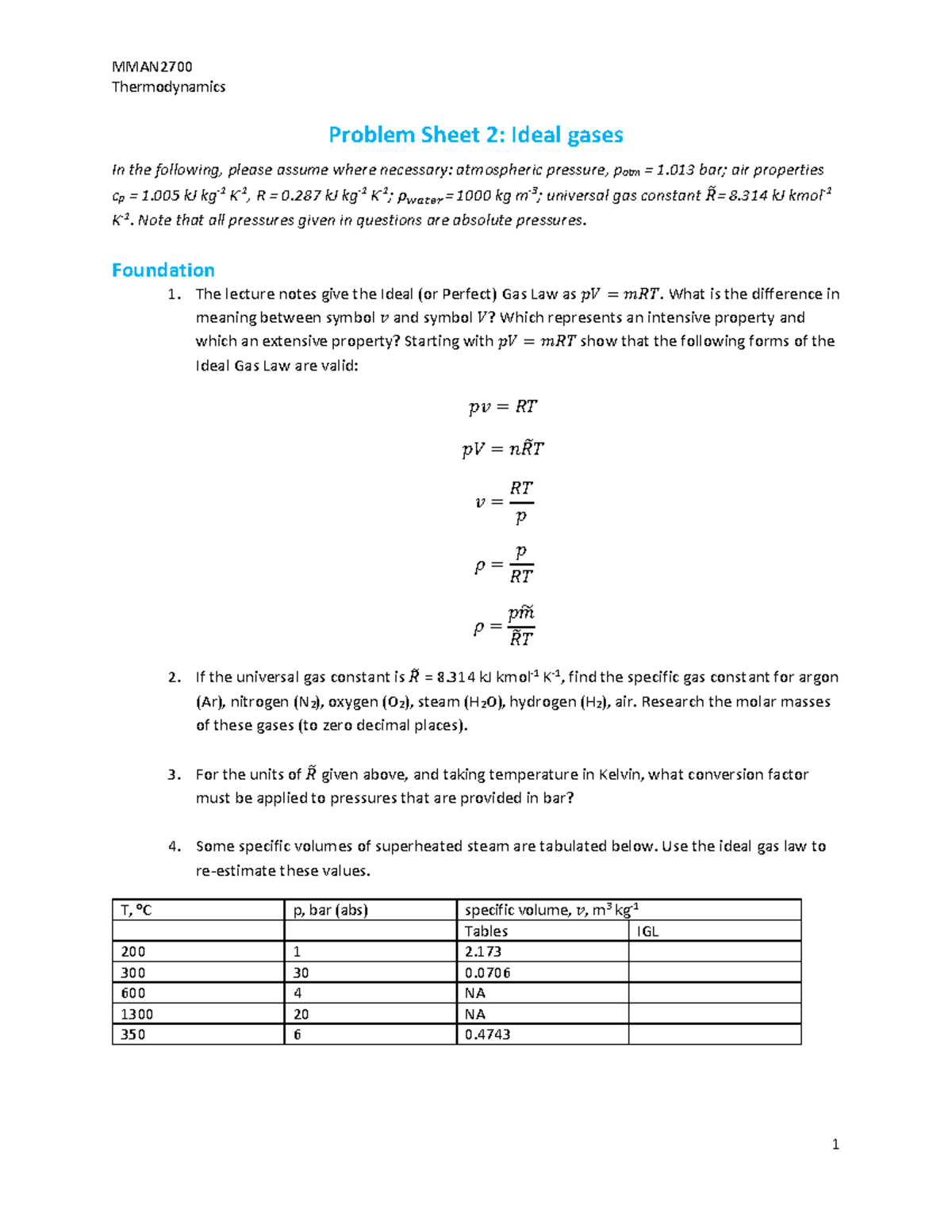 MMAN2700 Thermodynamics Problem Sheet 2: Ideal Gases Analysis - Studocu