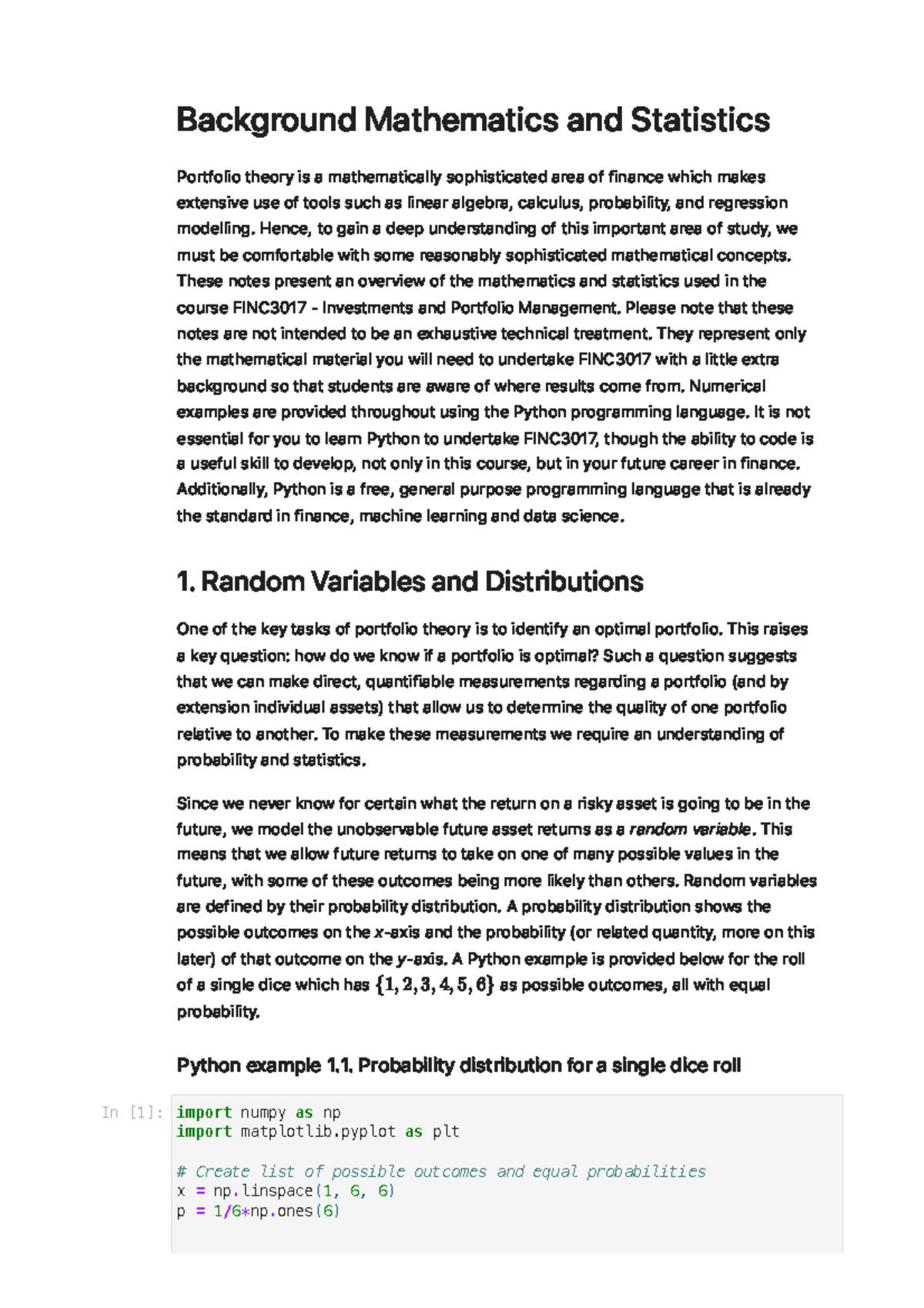 FINC3017 Lecture Notes: Mathematics & Statistics for Portfolio Theory ...