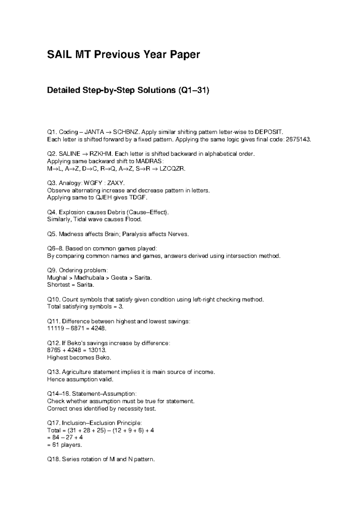 SAIL MT Detailed Solutions for Previous Year Paper Questions 1-31 - Studocu