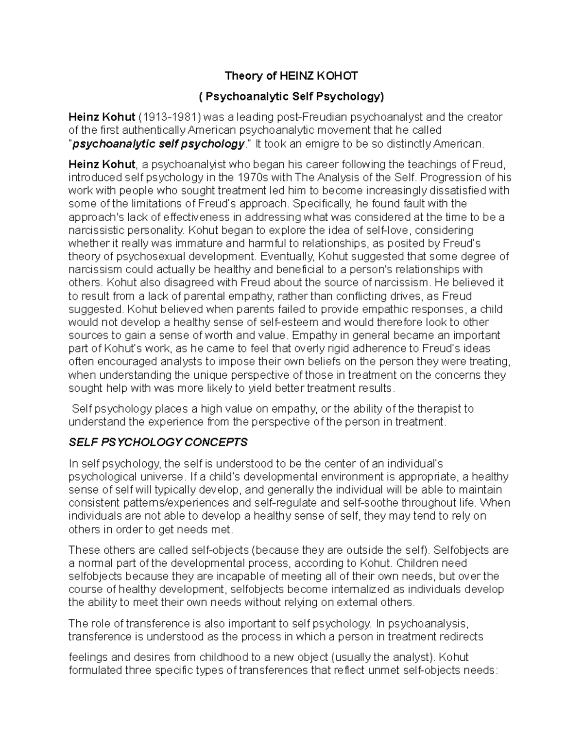 4 Theories final 1 - Xjsjsjd - Theory of HEINZ KOHOT ( Psychoanalytic ...