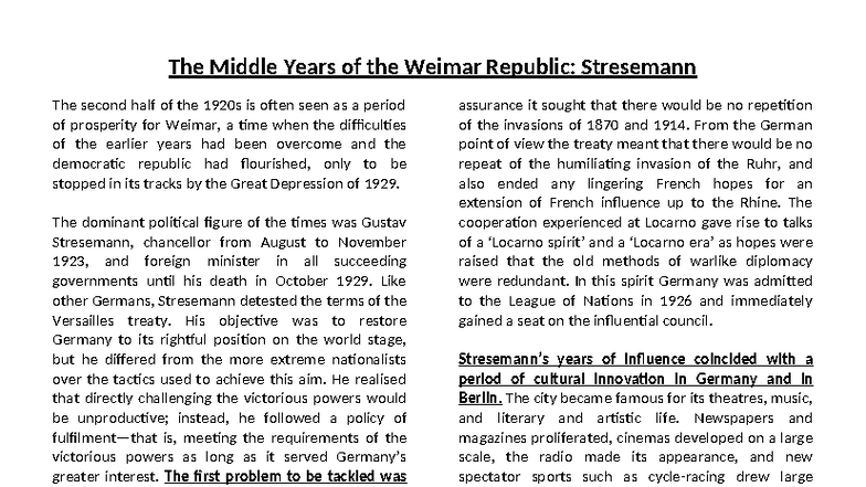 The Weimar Republic: The Stresemann Era (1924-1929) Analysis - Studocu