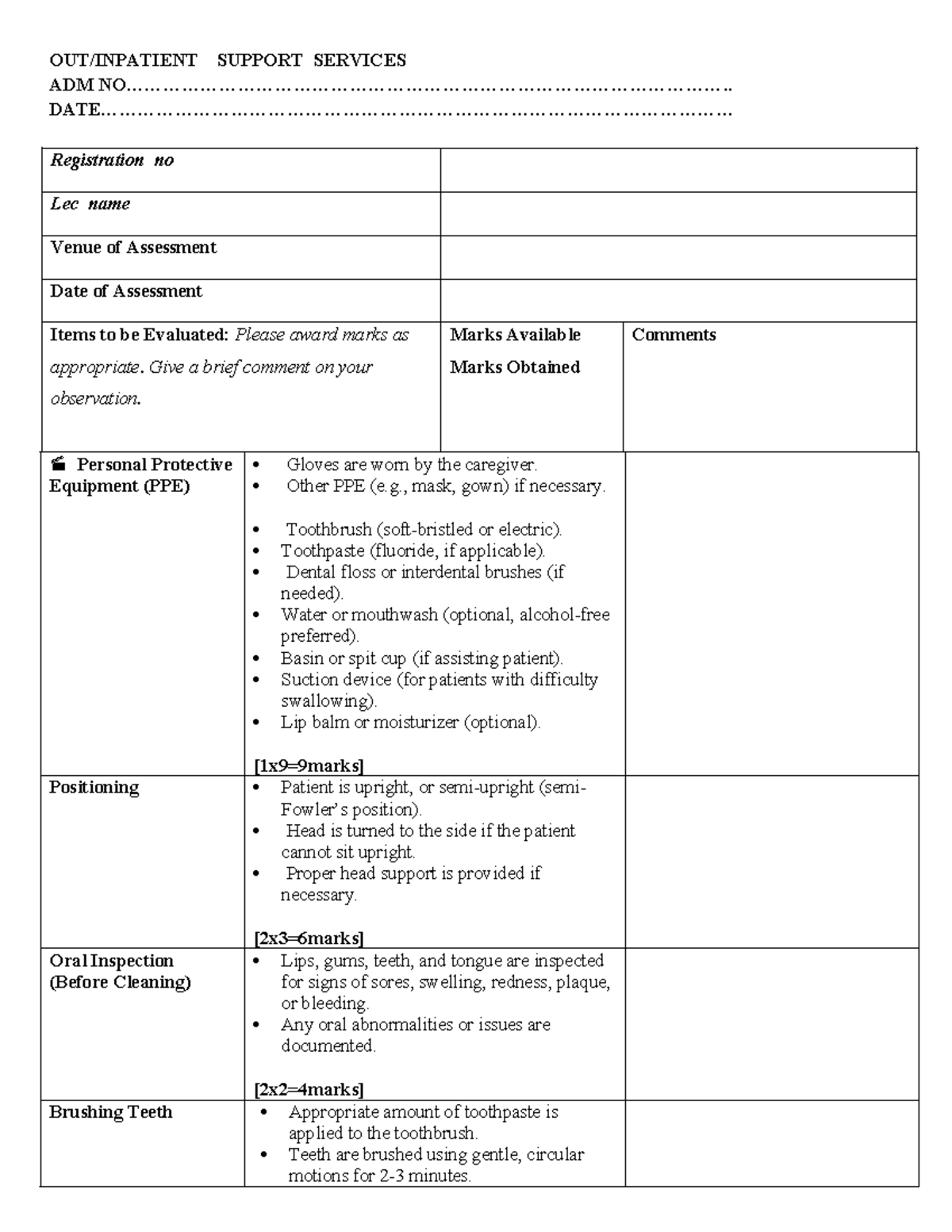 Inpatient Oral Care Hygiene Checklist (12 Copies) - Assessment Guide ...
