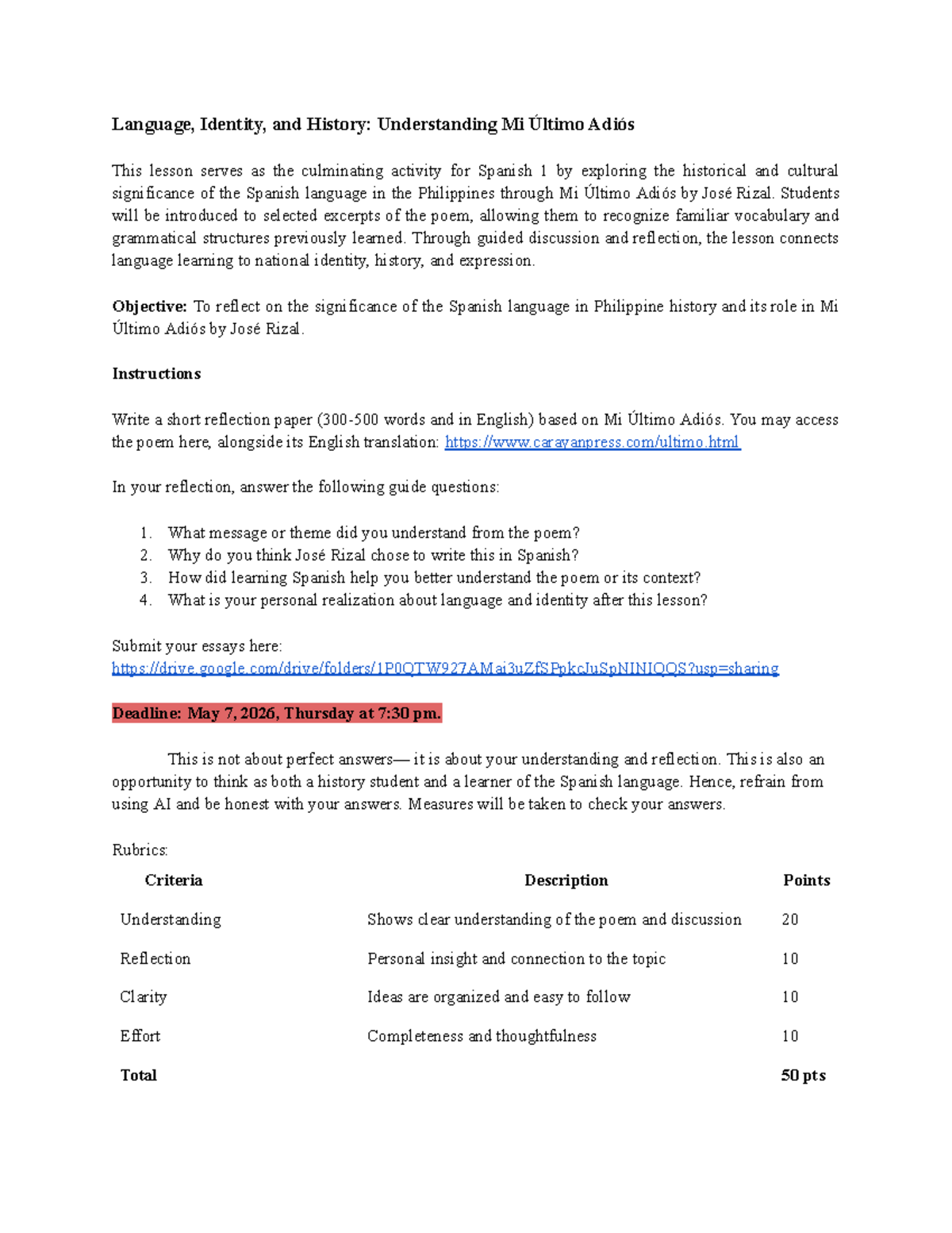 Reflection Paper for Final Lesson in Spanish 1: Mi Último Adiós - Studocu