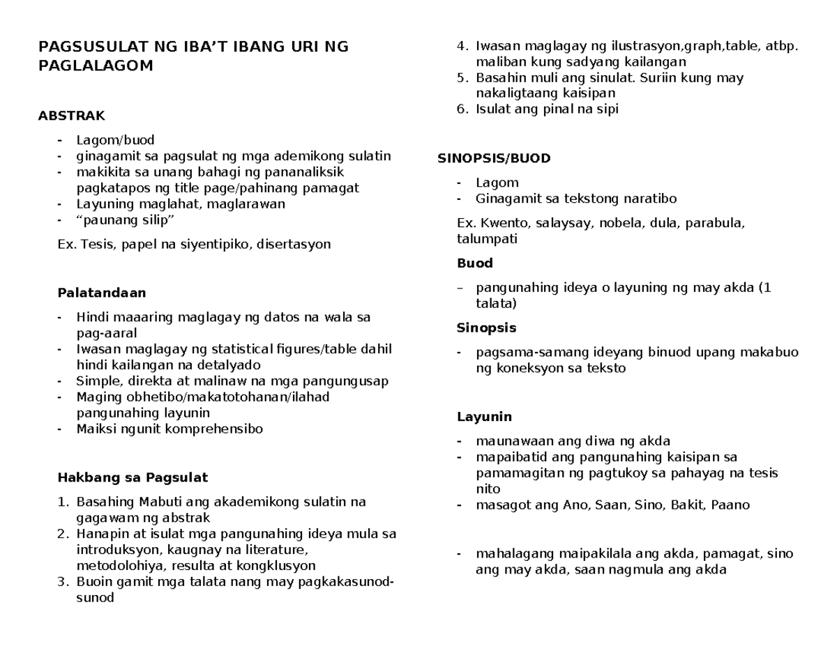 PAGSUSULAT NG LAGOM ABSTRAK AT BIONOTE: MGA GABAY AT HALIMBAWA - Studocu