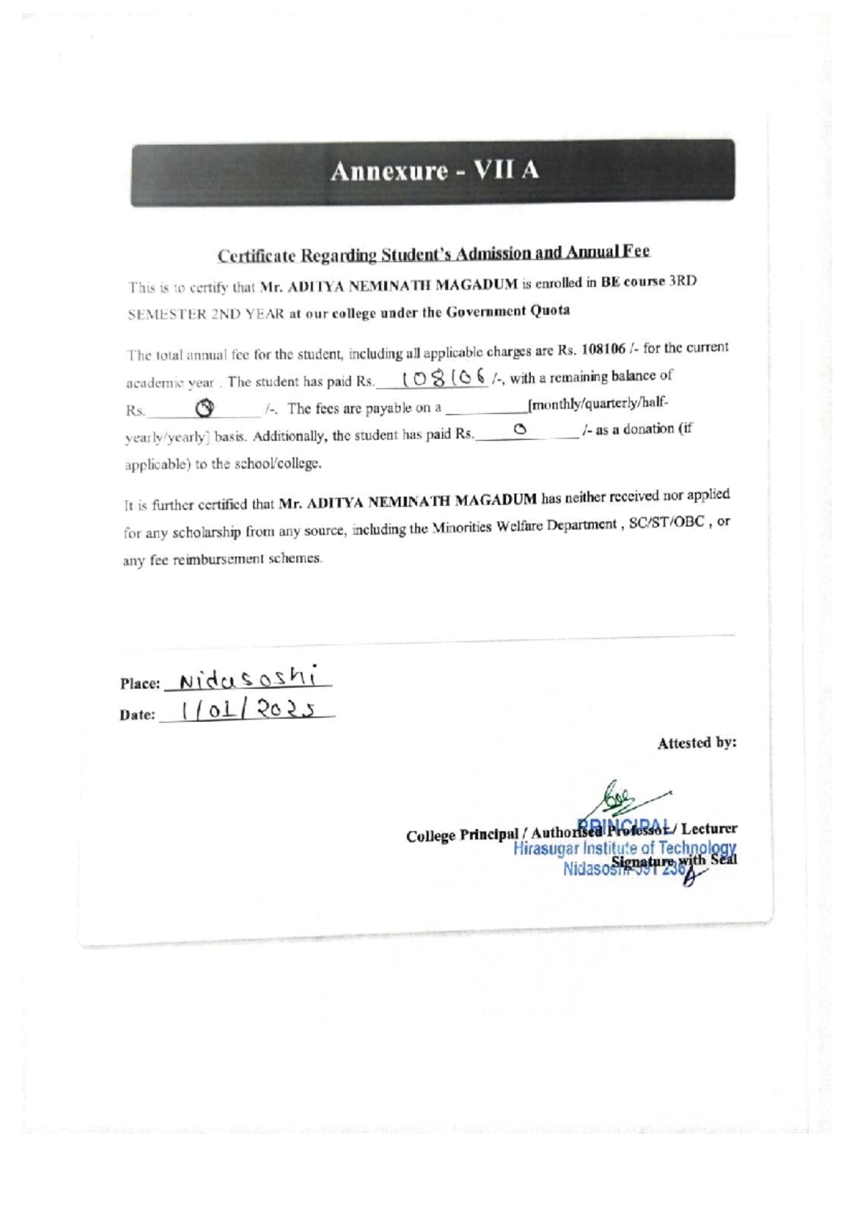 Certificate of Admission & Fee for BE 3rd Sem - Aditya Magadum - Studocu