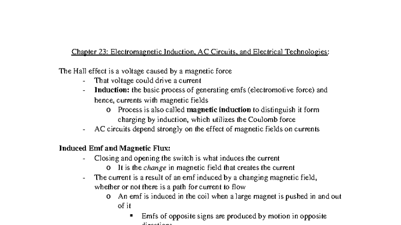 Physics Chapter 23 Notes: Electromagnetic Induction & AC Circuits - Studocu