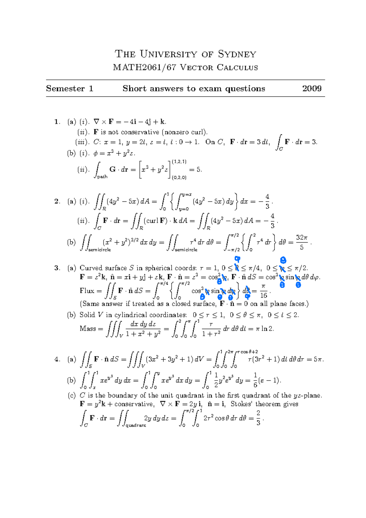 2009 Vector Calculus Exam Short Answer Solutions (MATH101) - Studocu
