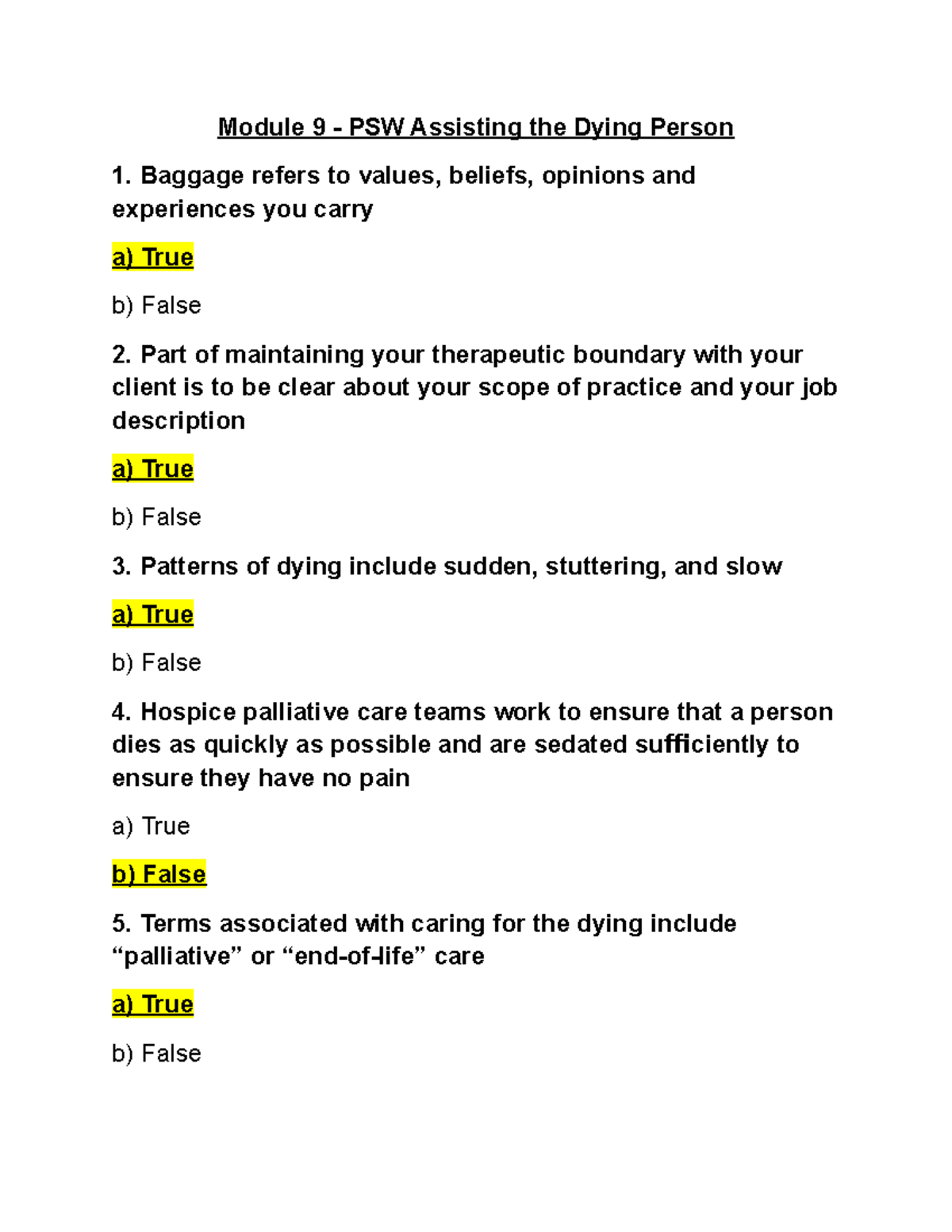 Module 9 Test: Assisting the Dying Person - PSW Study Guide - Studocu