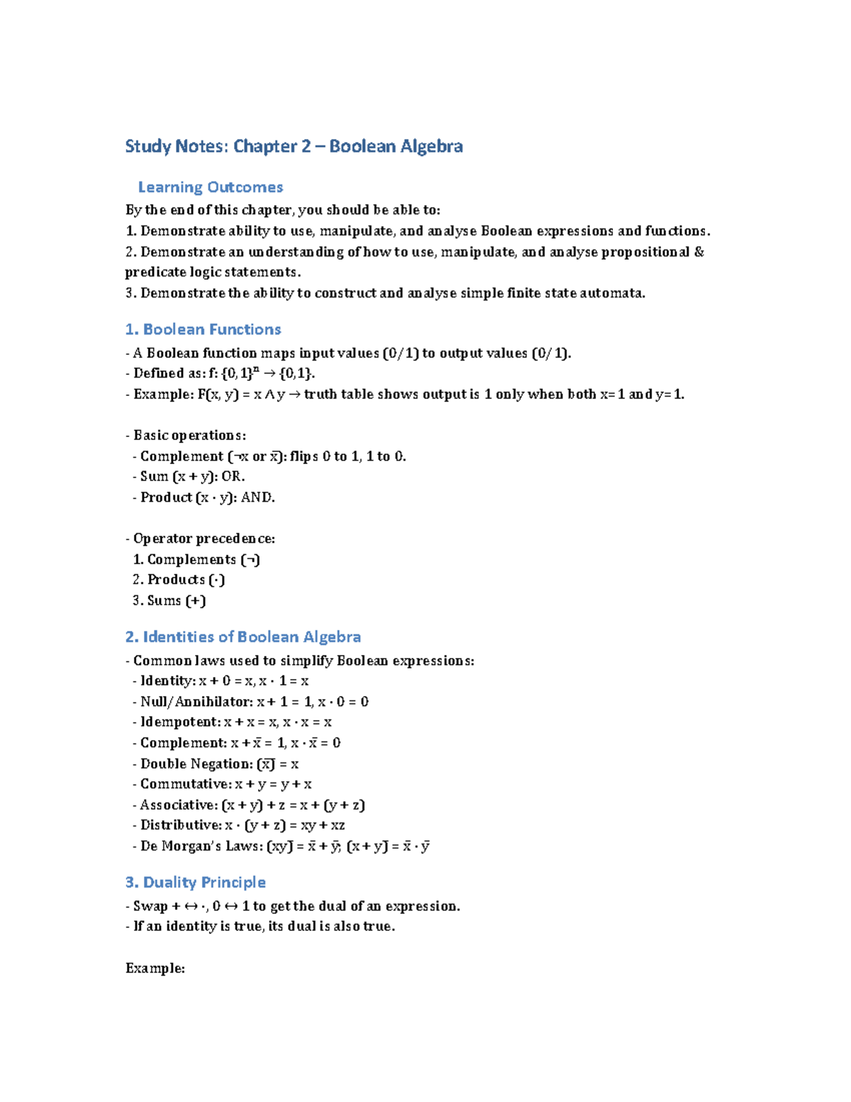 Maths 511: Chapter 2 Study Notes on Boolean Algebra - Studocu