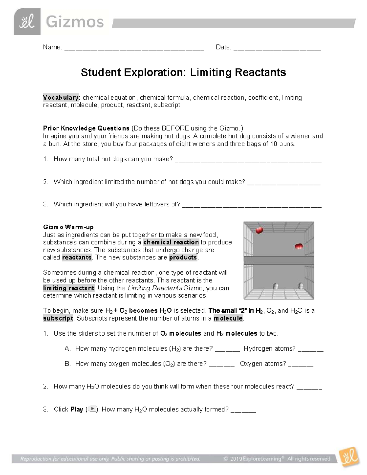 Gizmo Exploration on Limiting Reactants: Hands-on Activity - Studocu