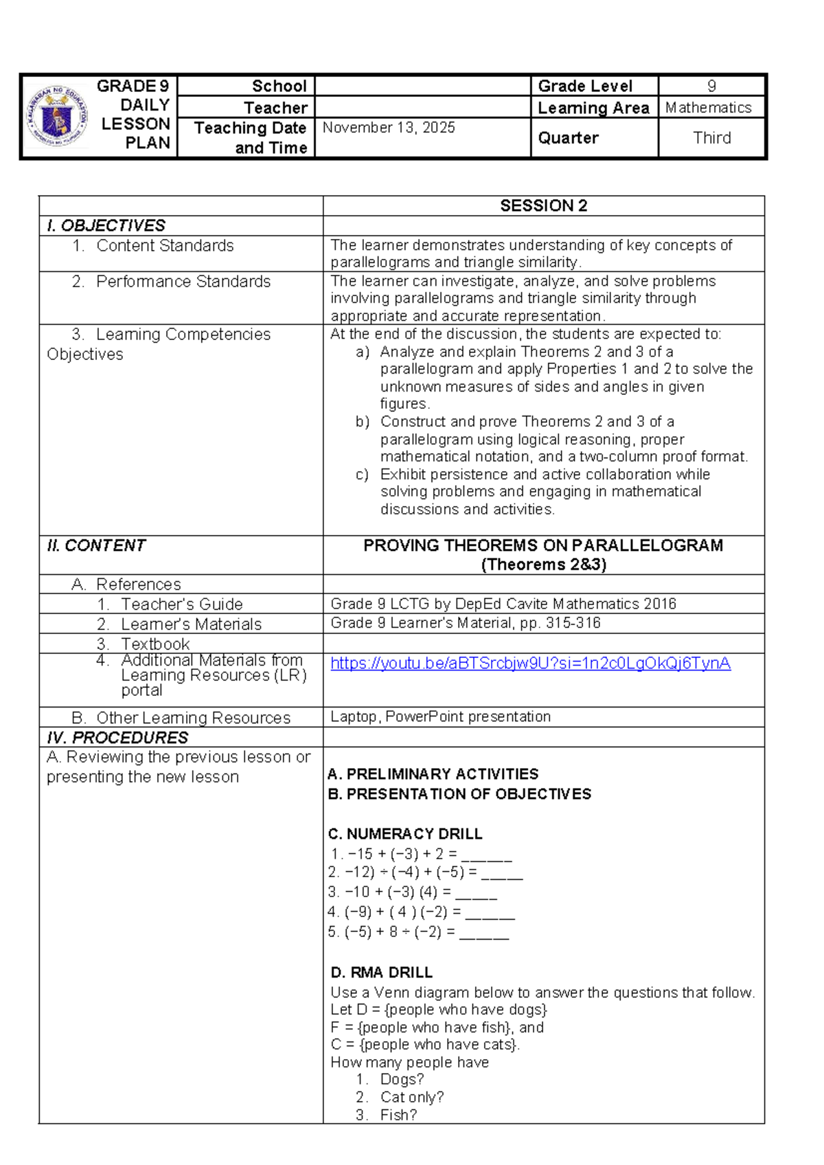 GRADE 9 MATHEMATICS LESSON PLAN: PARALLELOGRAMS & SIMILARITY - Studocu