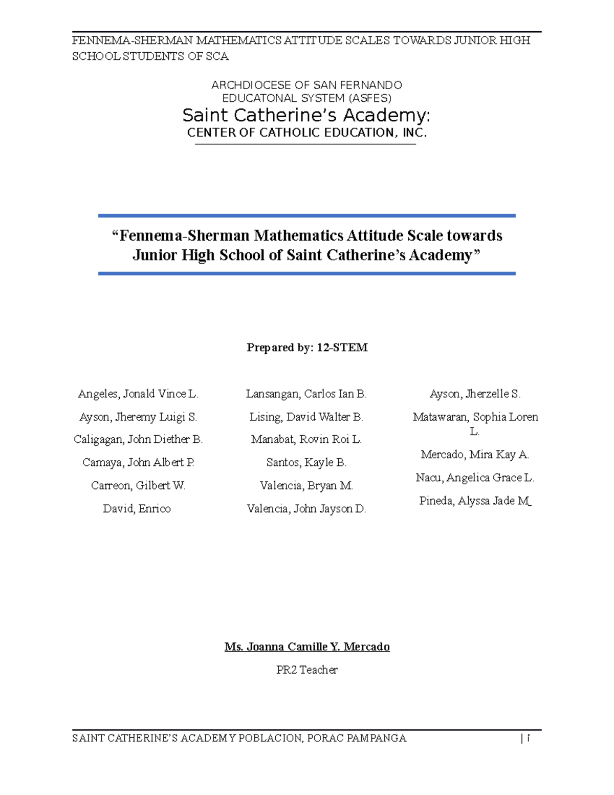 Final Thesis: Fennema-Sherman Math Attitude Scales for Junior High (6 ...
