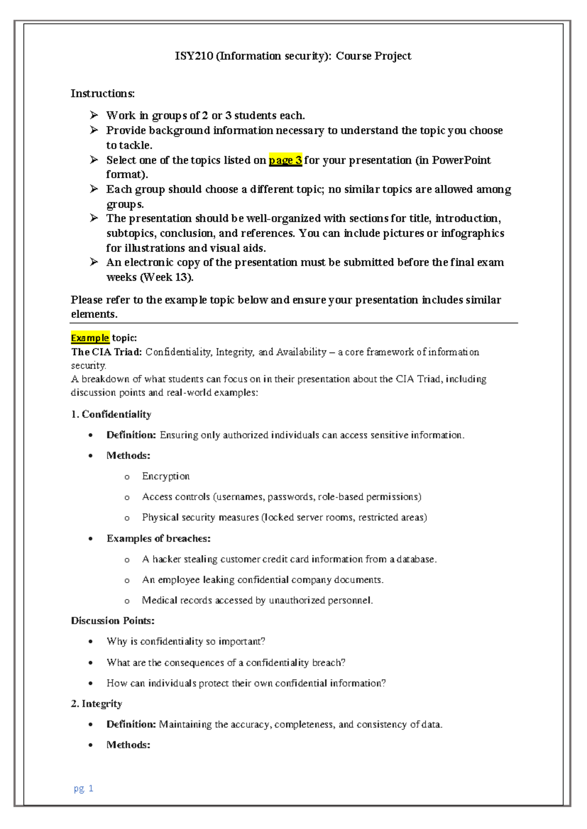 ISY210 Course Project: Presentation Guidelines and Topic Selection ...