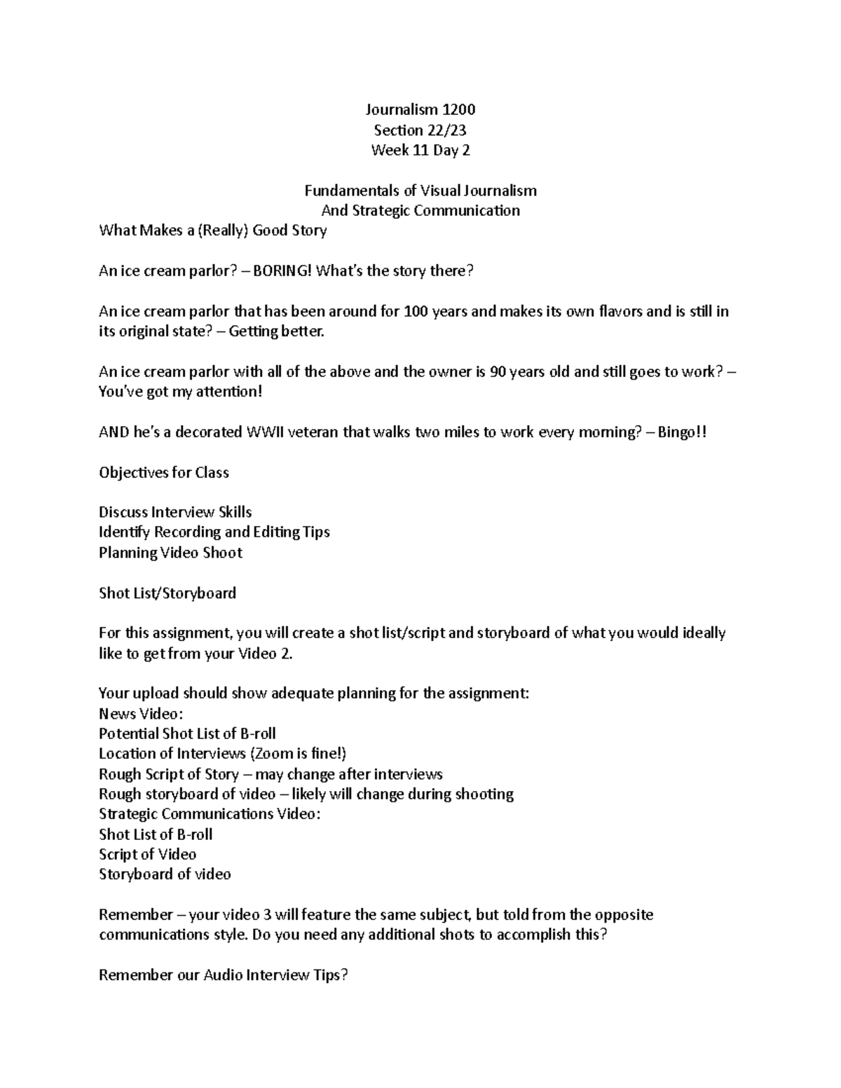 J1200 Interview Skills and Filming Tips Lecture Notes - Journalism 1200 ...