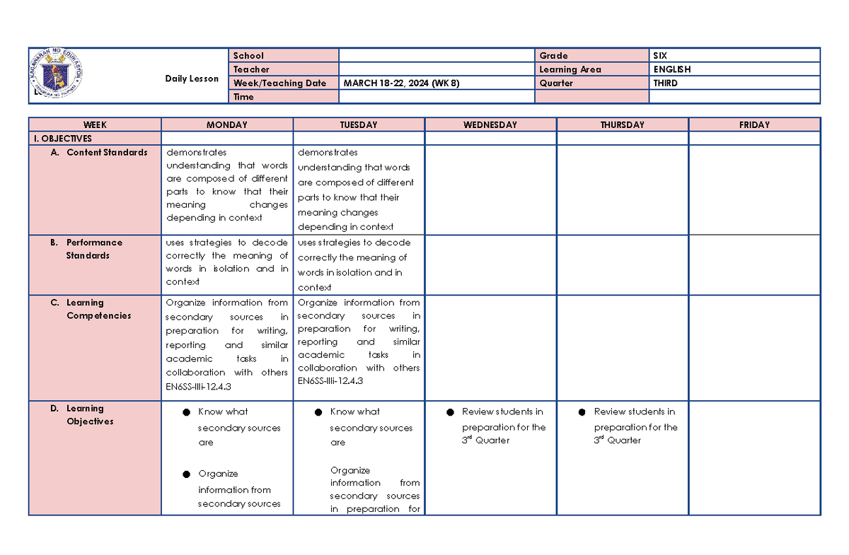 GR6-DLL- English Lesson Plan for Week 8 of Quarter 3 - Studocu