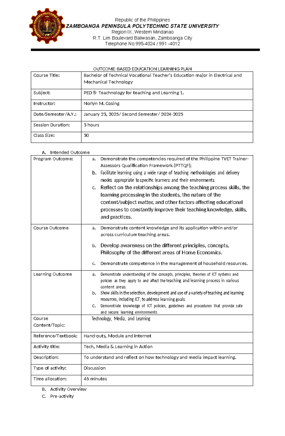 OBE-Learning Plan- Technoligy, Media and Learning - ZAMBOANGA PENINSULA ...