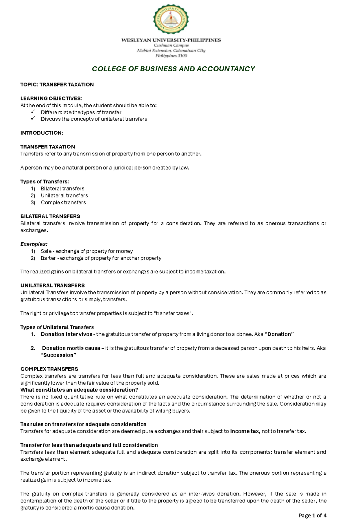 Module 1: Transfer Taxation Overview and Key Concepts - Studocu