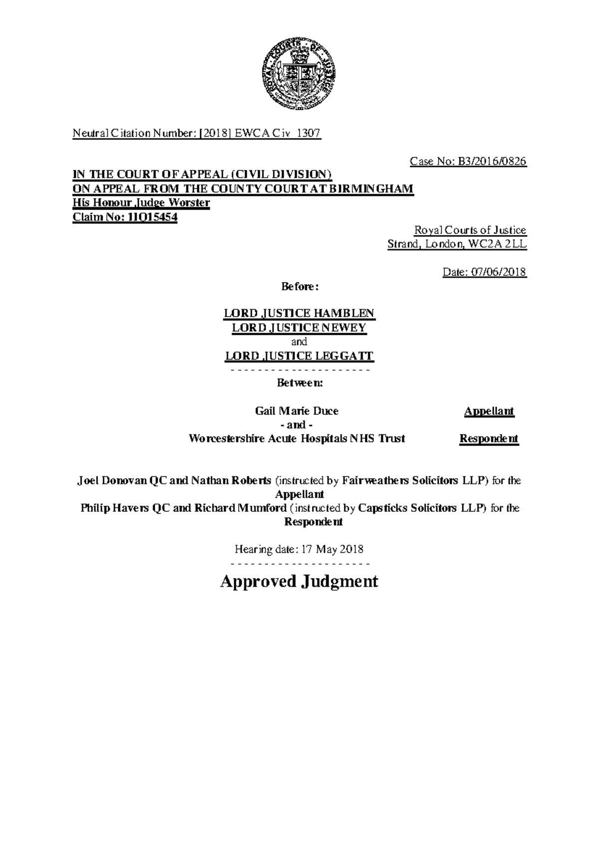 Duce v Worcestershire Acute Hospitals NHS Trust: Court of Appeal ...