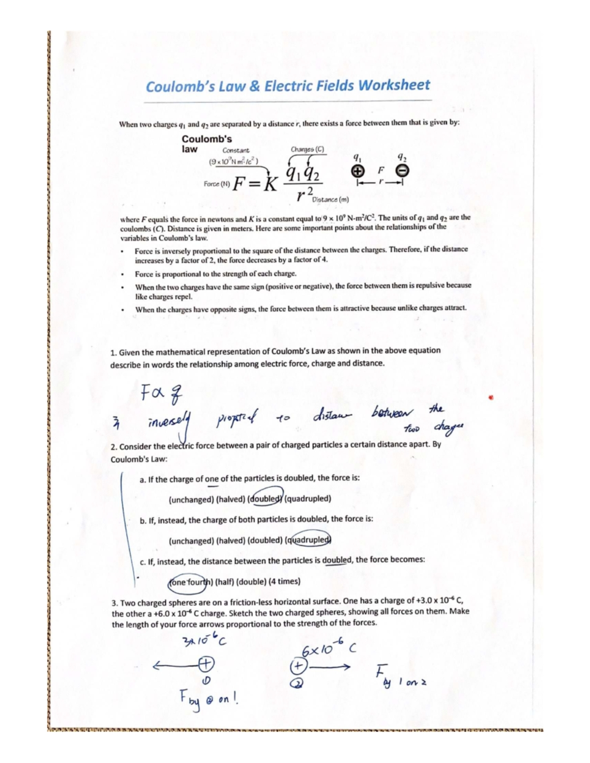 2021 PHYS 101 Coulomb's Law Electric Fields Worksheet w/ Solutions ...