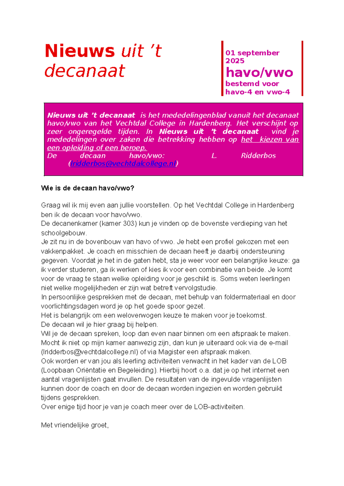 Nieuws uit Decanaat - Introductie en Mededelingen September 2025 ...