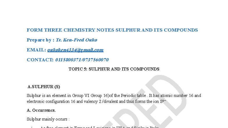FORM 3 CHEMISTRY NOTES: SULPHUR & ITS COMPOUNDS - Studocu