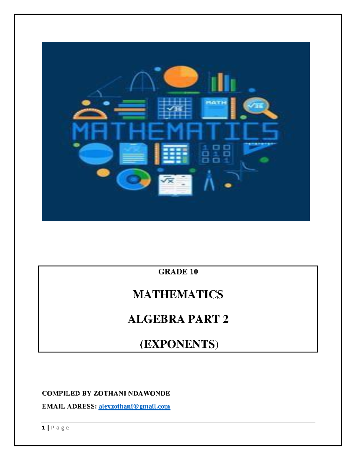 Grade 10 MATH Algebra Part 2 Exponents Practice Questions - Studocu