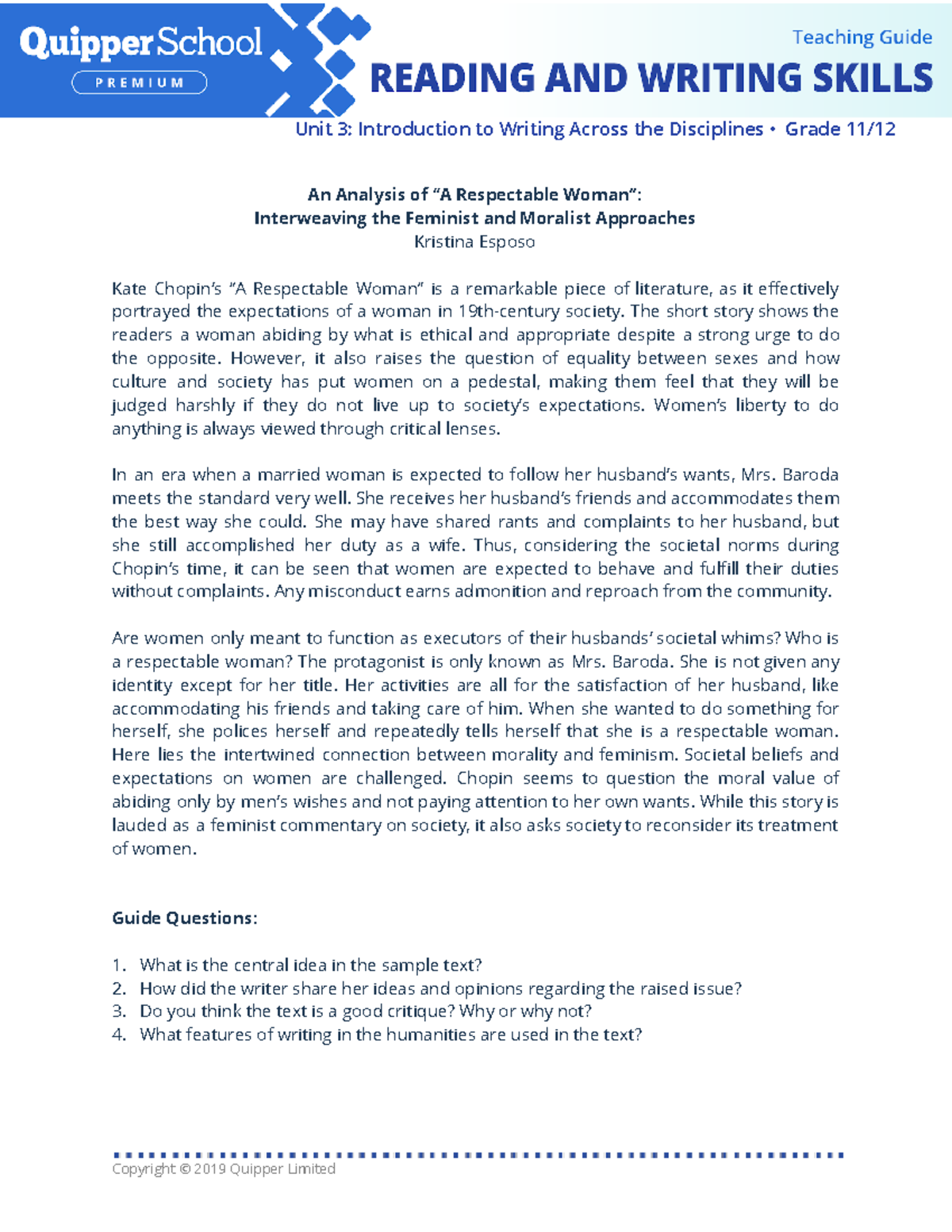 RW 11 12 Unit 3 Lesson 3: Analyzing Feminism in "A Respectable Woman ...