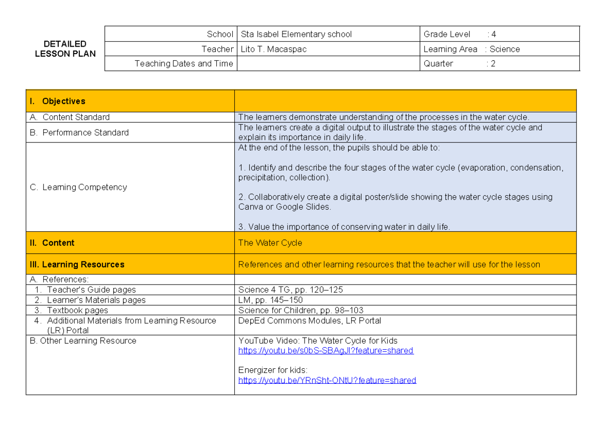 Detailed Lesson Plan: Science 4 - The Water Cycle - Studocu