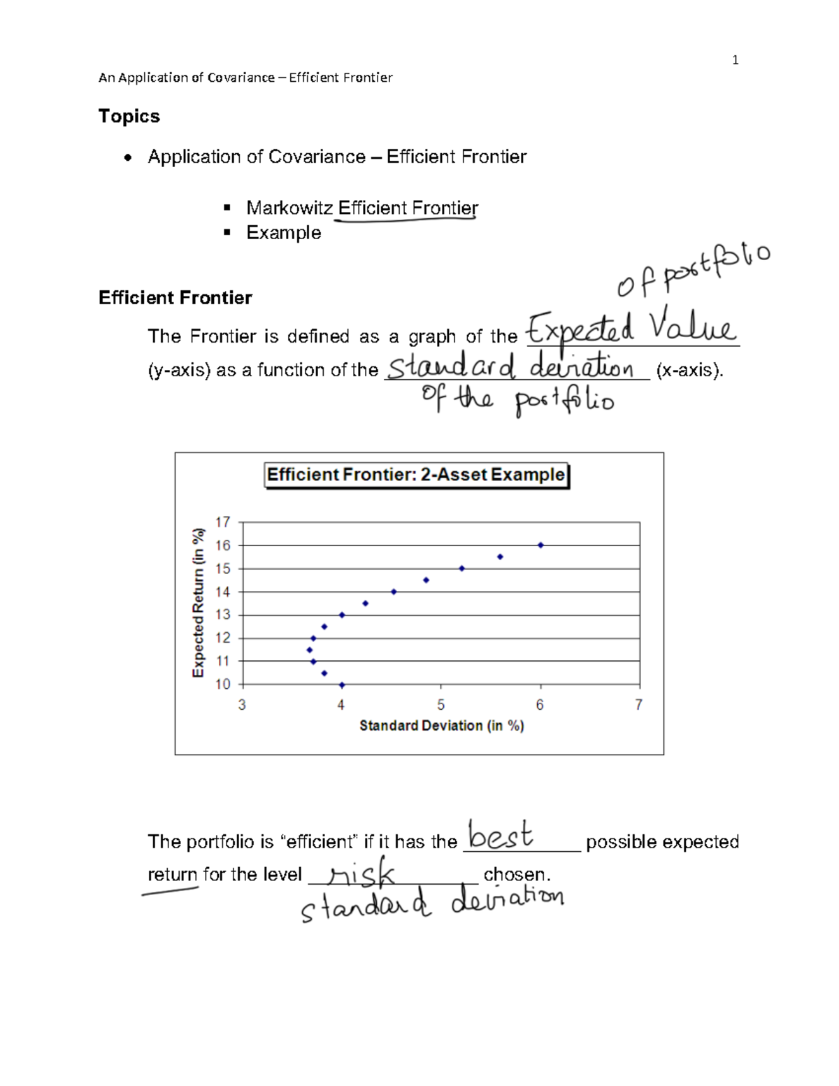 Application of Covariance & Markowitz Efficient Frontier Analysis - Studocu