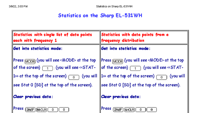 Statistics on Sharp EL-531WH: Data Entry & Analysis Guide - Studocu