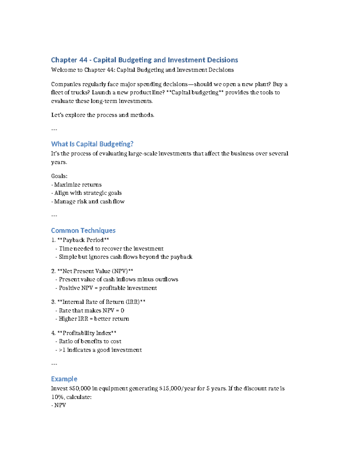 Chapter 44 - Capital Budgeting & Investment Decisions Overview - Studocu
