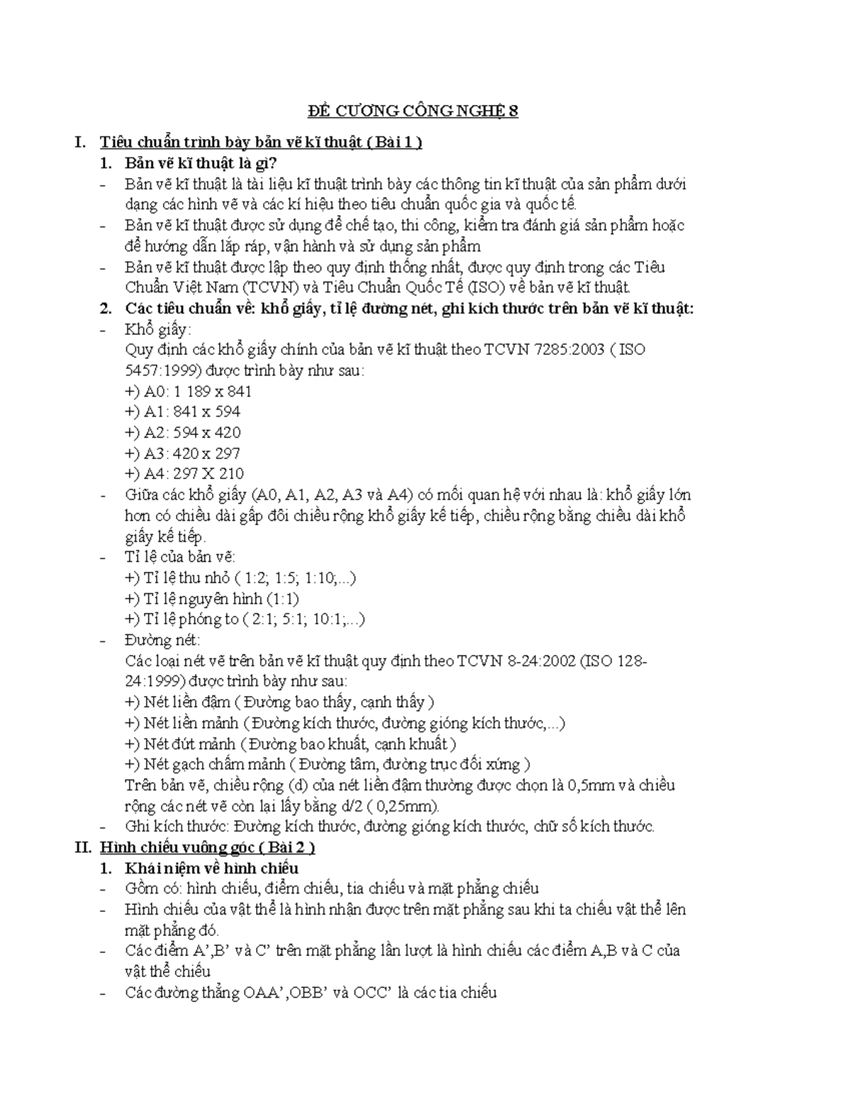 ĐỀ CƯƠNG CÔNG NGHỆ 8 - Tiêu Chuẩn Bản Vẽ Kỹ Thuật - Studocu