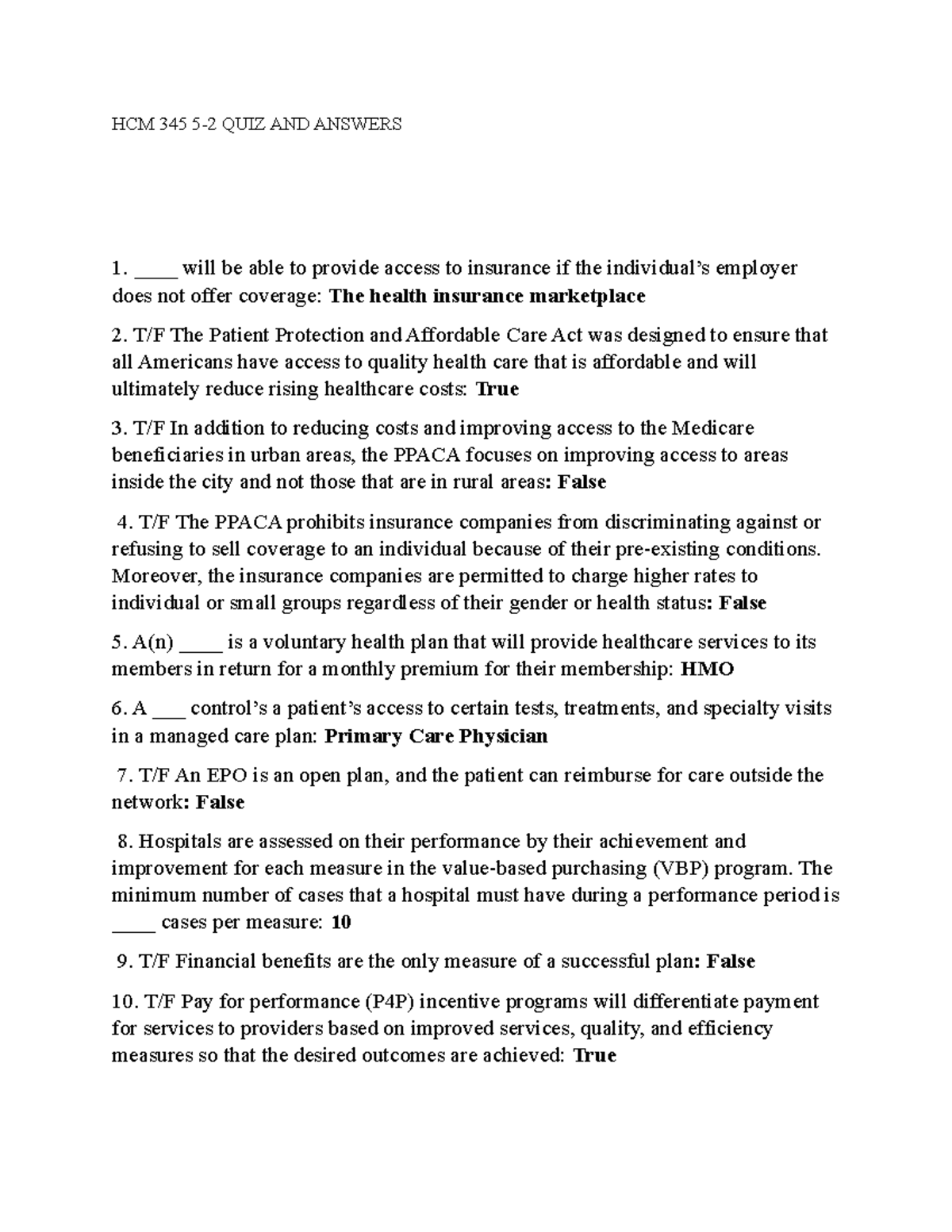 HCM 345 Module 5 5-2 Quiz: Questions & Answers Summary - Studocu