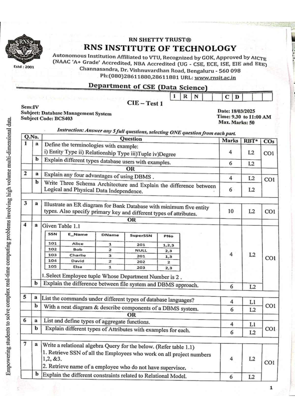 BCS403 1st IA Question Paper - Database Management System - Studocu