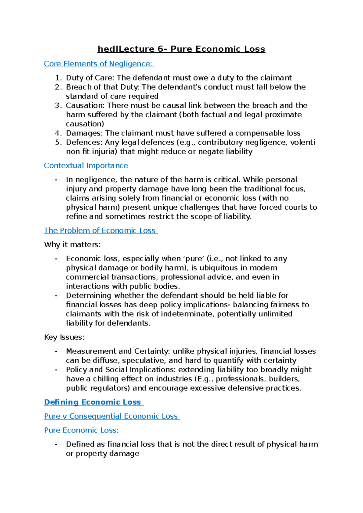 hedlLecture 6: Understanding Pure Economic Loss in Negligence Law - Studocu