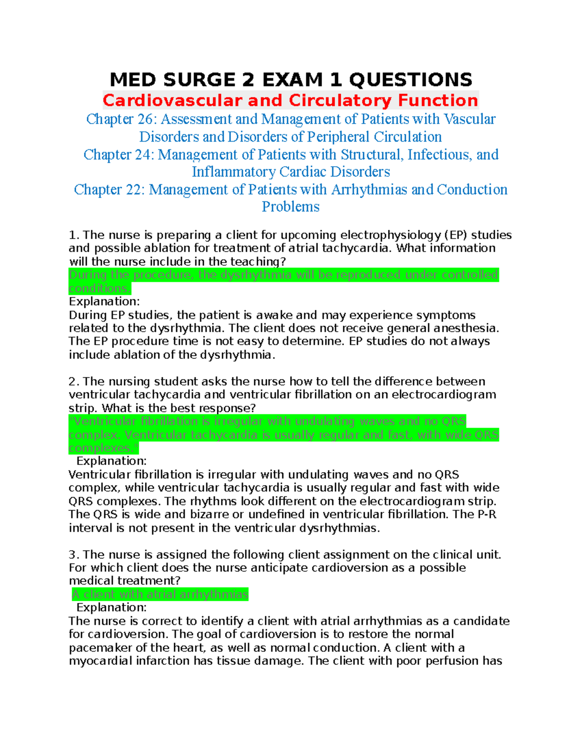 MED Surge 2 EXAM 1: Cardiovascular Disorders Review Questions - Studocu