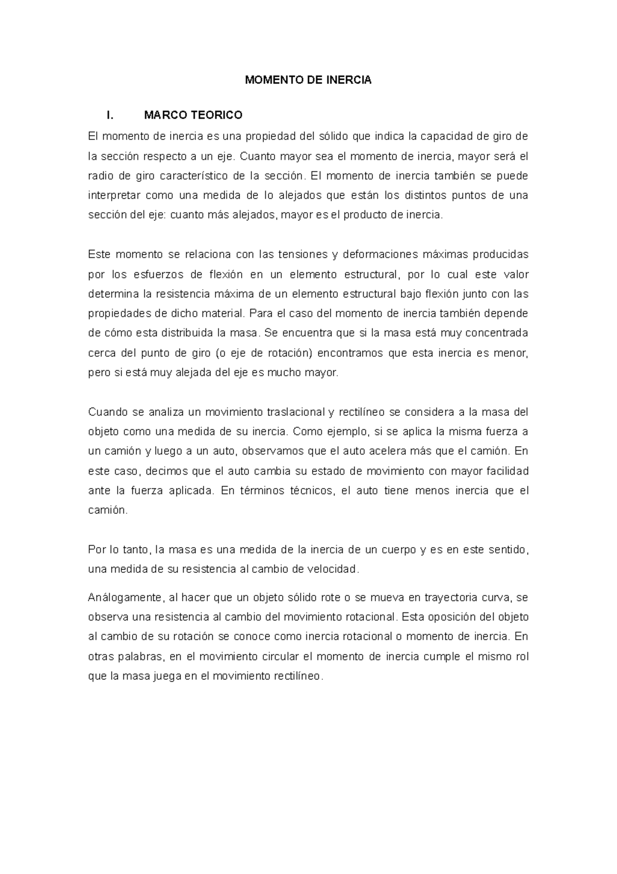 Copia de Momento DE Inercia - MOMENTO DE INERCIA I. MARCO TEORICO El ...