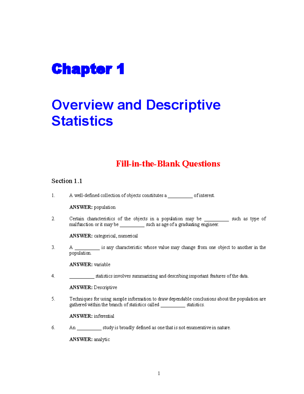 Chapter 1: Overview & Descriptive Statistics Solutions (TB) - Studocu