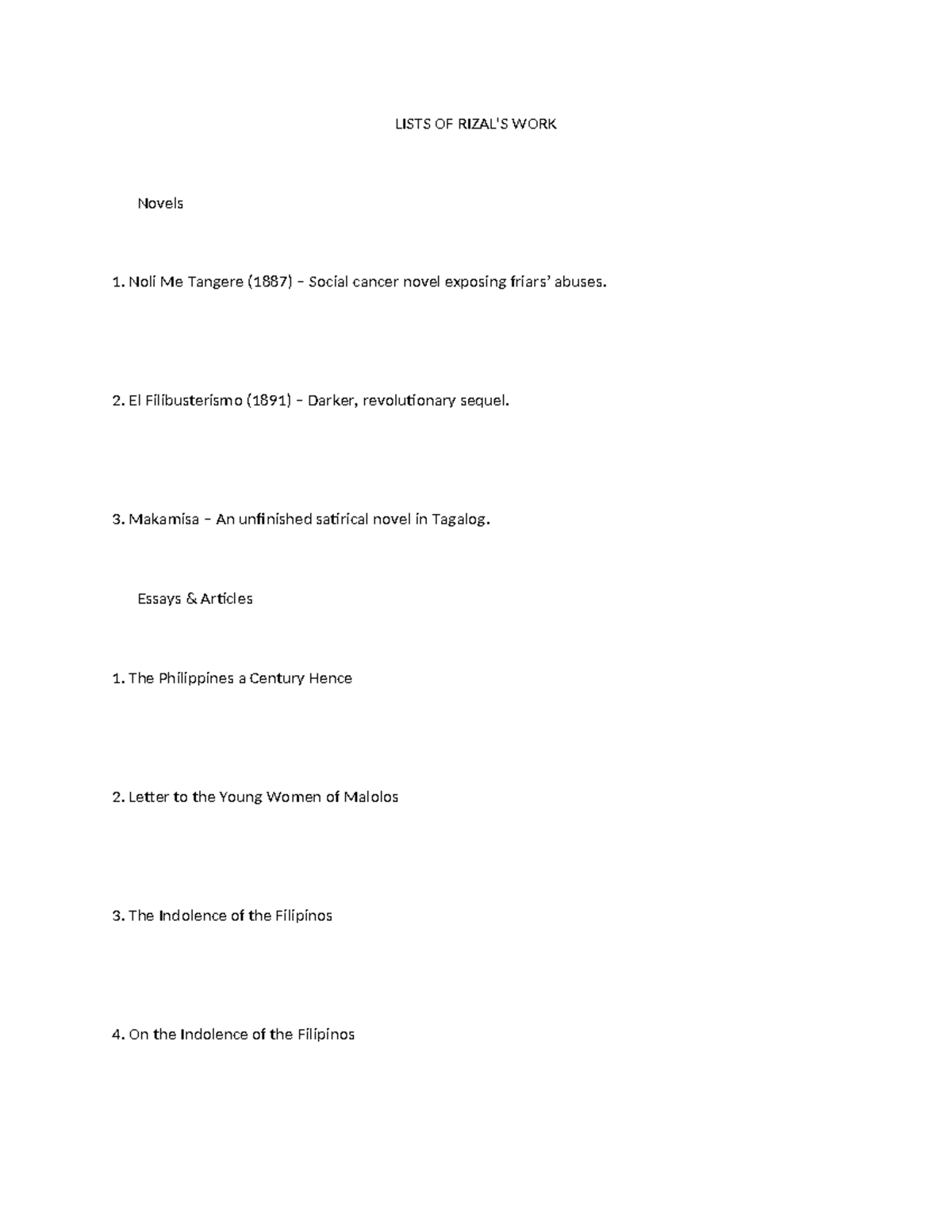 RIZAL'S WORKS: Novels, Essays, Poems & Letters Overview - Studocu