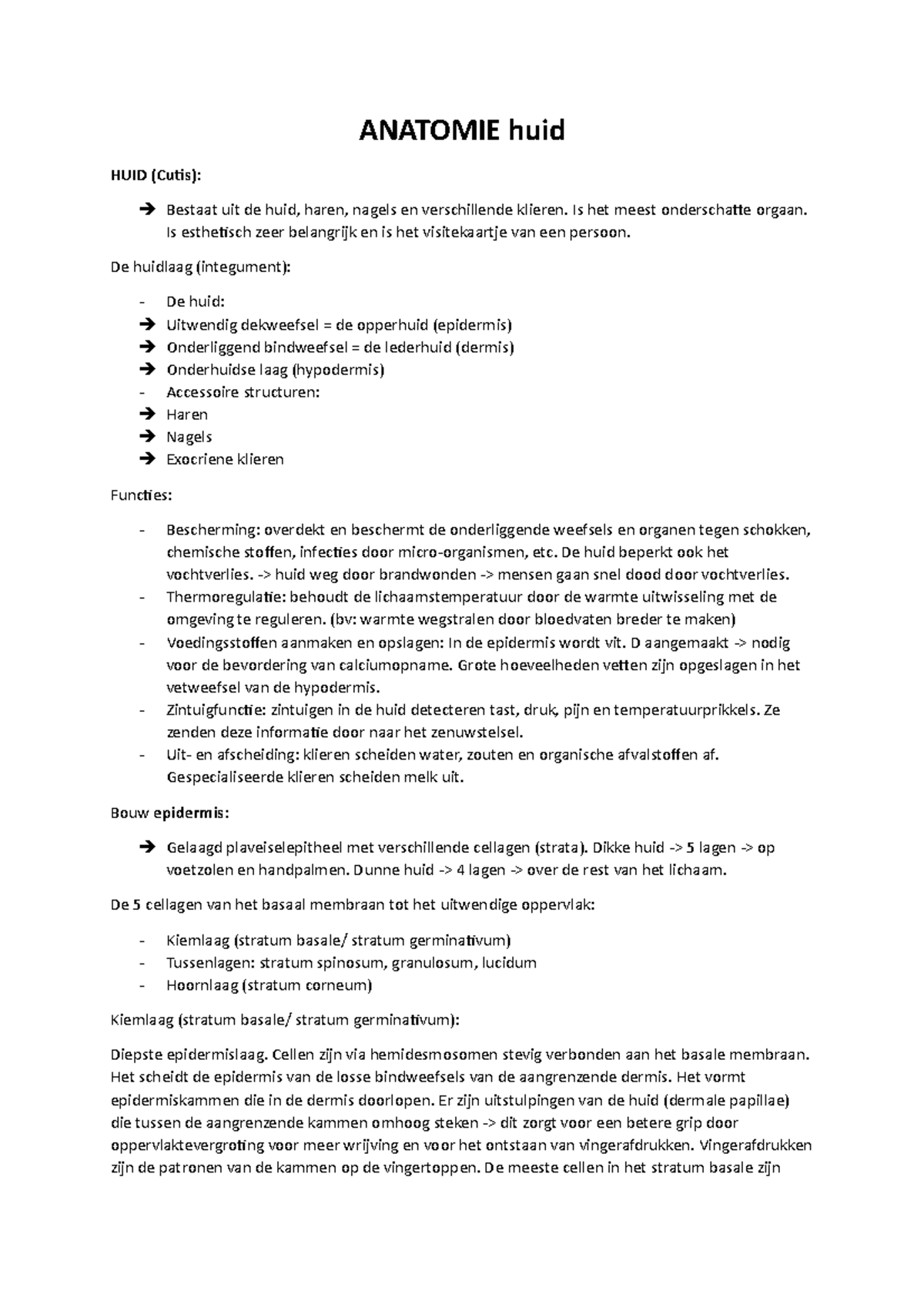 Anatomie huid samenvatting - Anatomie en fysiologie - KdG - Studocu