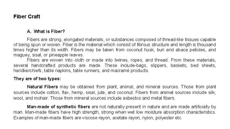 Fiber Craft - REVIEW MATERIAL - Fiber Craft A. What is Fiber? Fibers ...