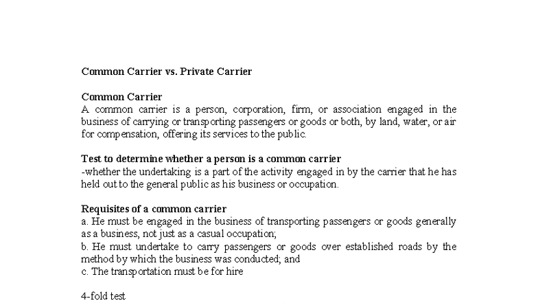 Transpo Law Quiz: Common Carrier vs. Private Carrier Overview - Studocu