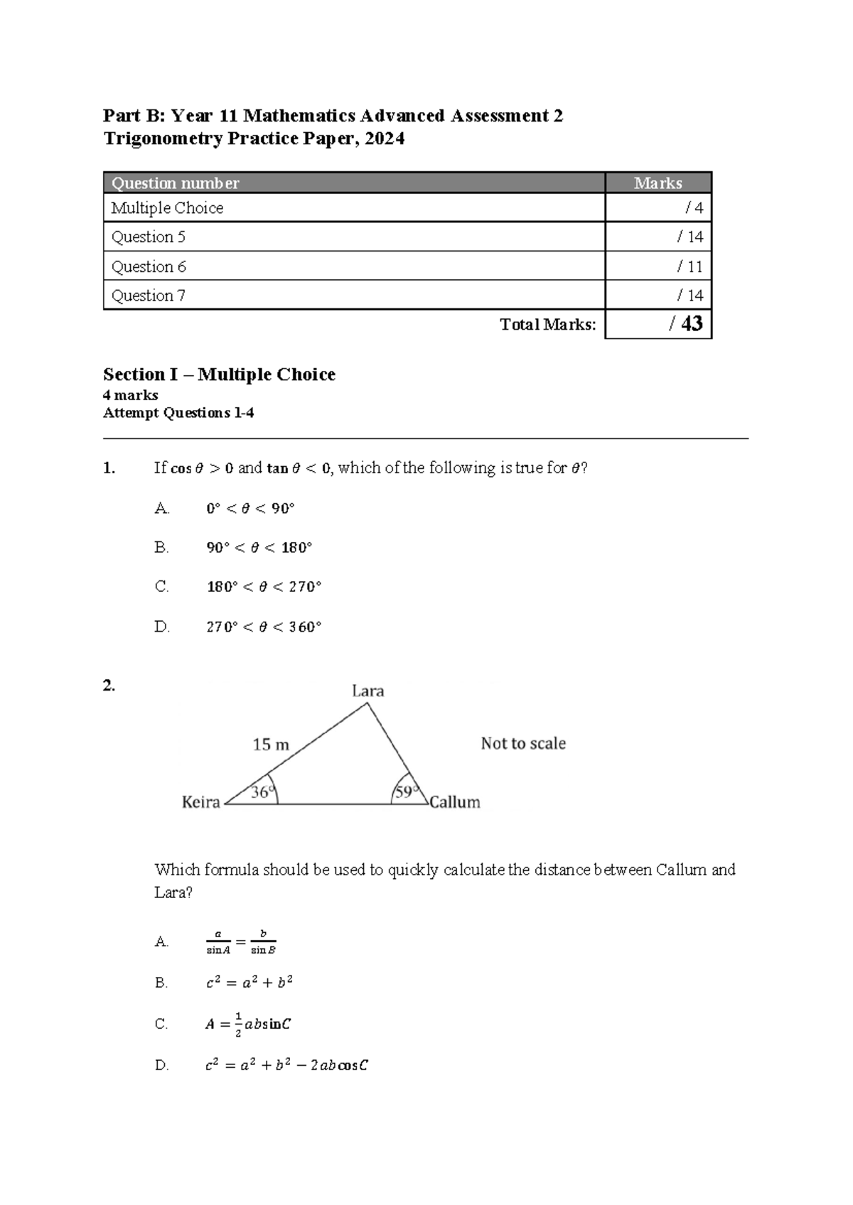 Year 11 Math Adv Trigonometry Practice Test 2024 - Assessment 2 - Studocu