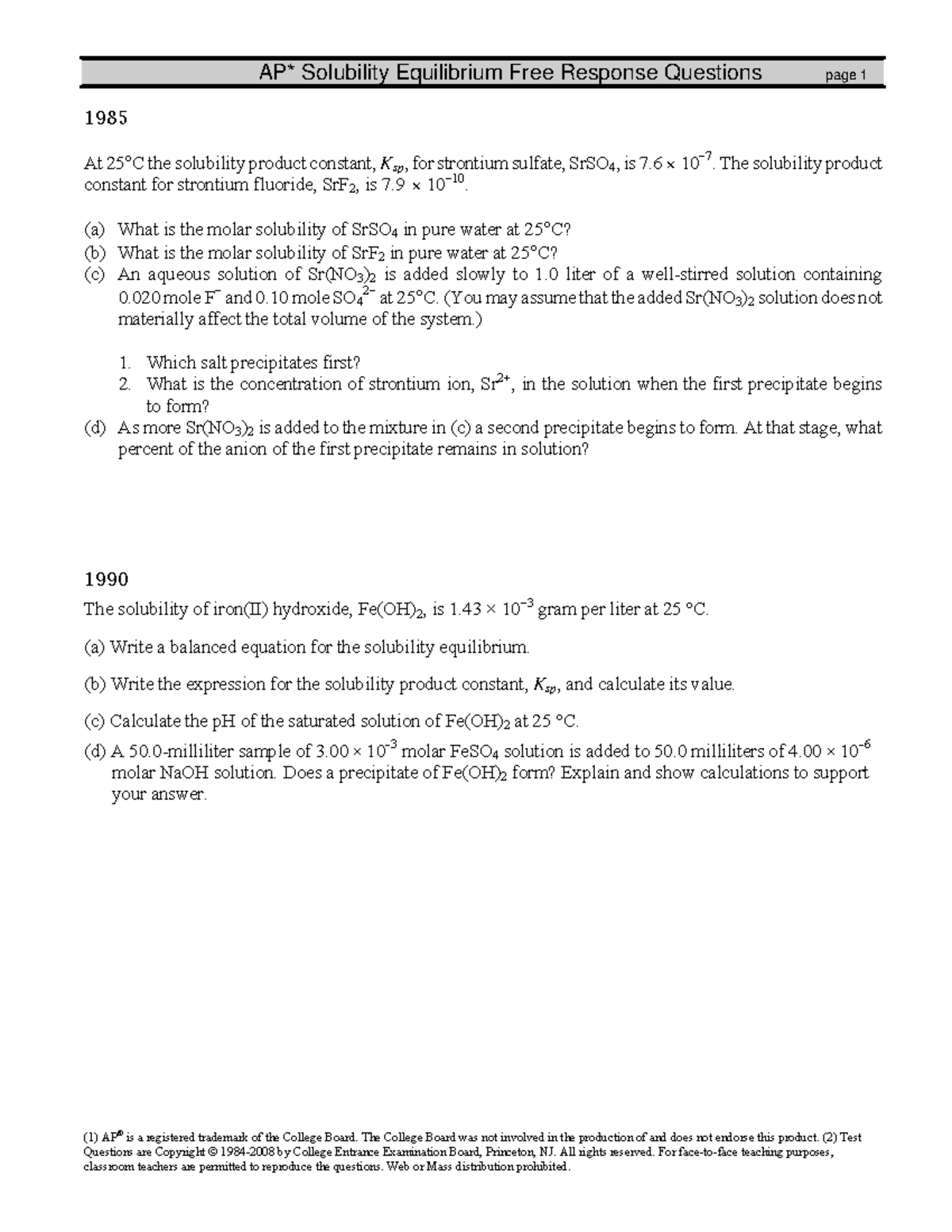 Solubility Equilibrium FR worksheet - AP* Solubility Equilibrium Free ...