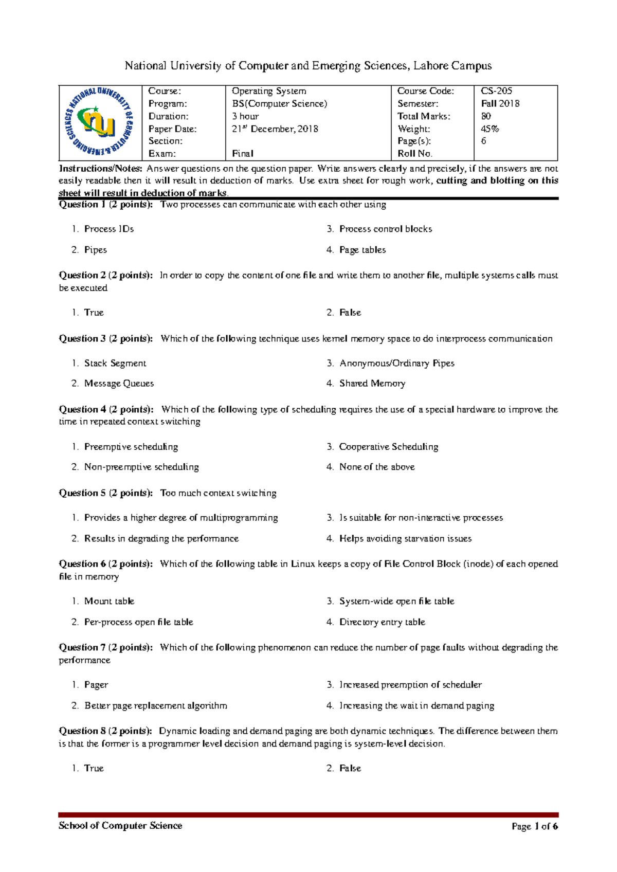 Final Exam Notes for Operating System CS-BS F2018 - Studocu