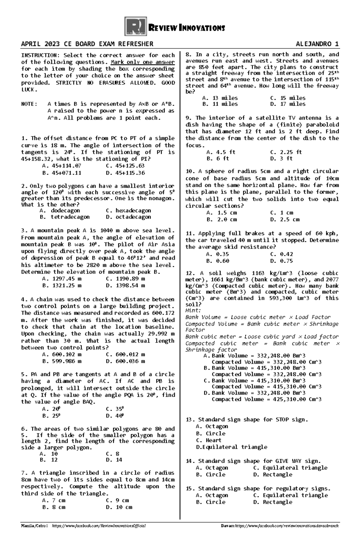 Alejandro 1 MSTE 0 - CE Board Exam Refresher Review Materials - Studocu