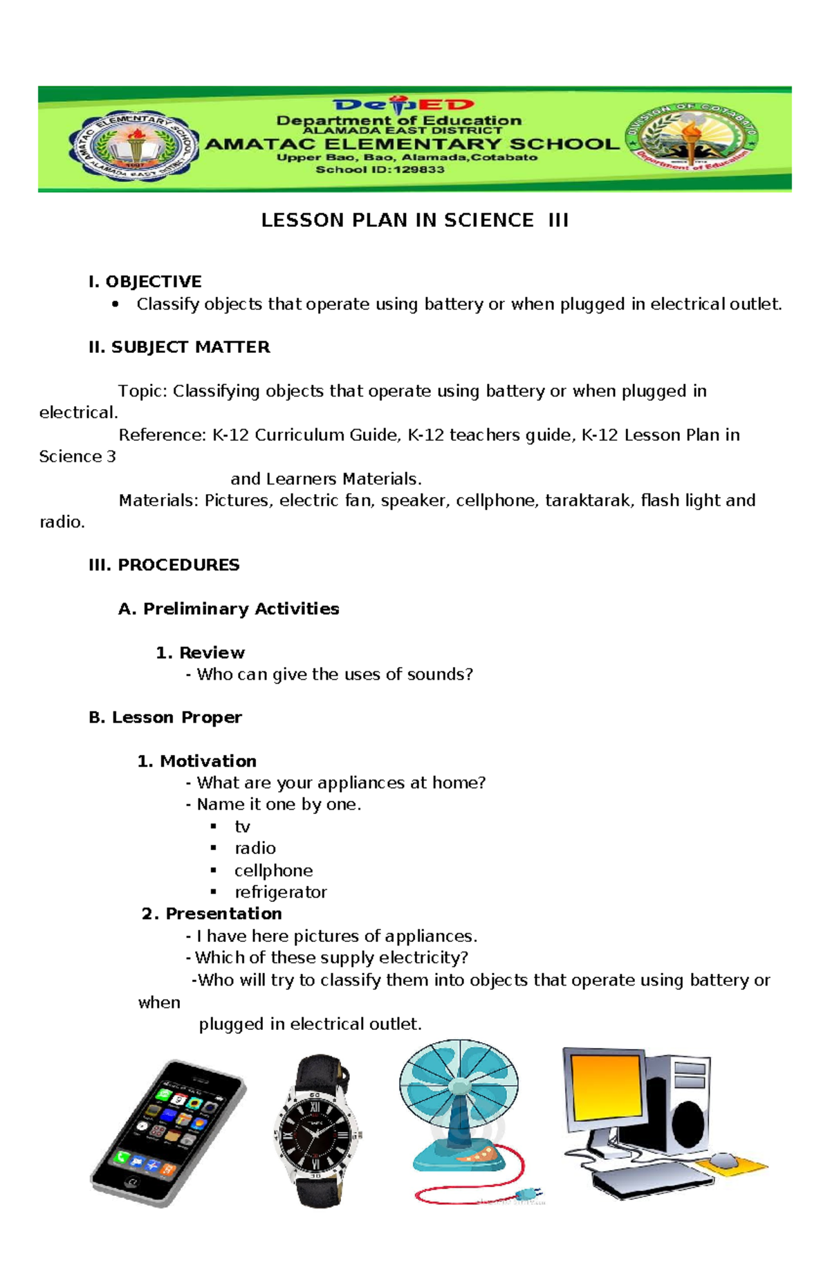 Lesson Plan: Classifying Battery and Plugged-In Objects (Science III Q3 ...